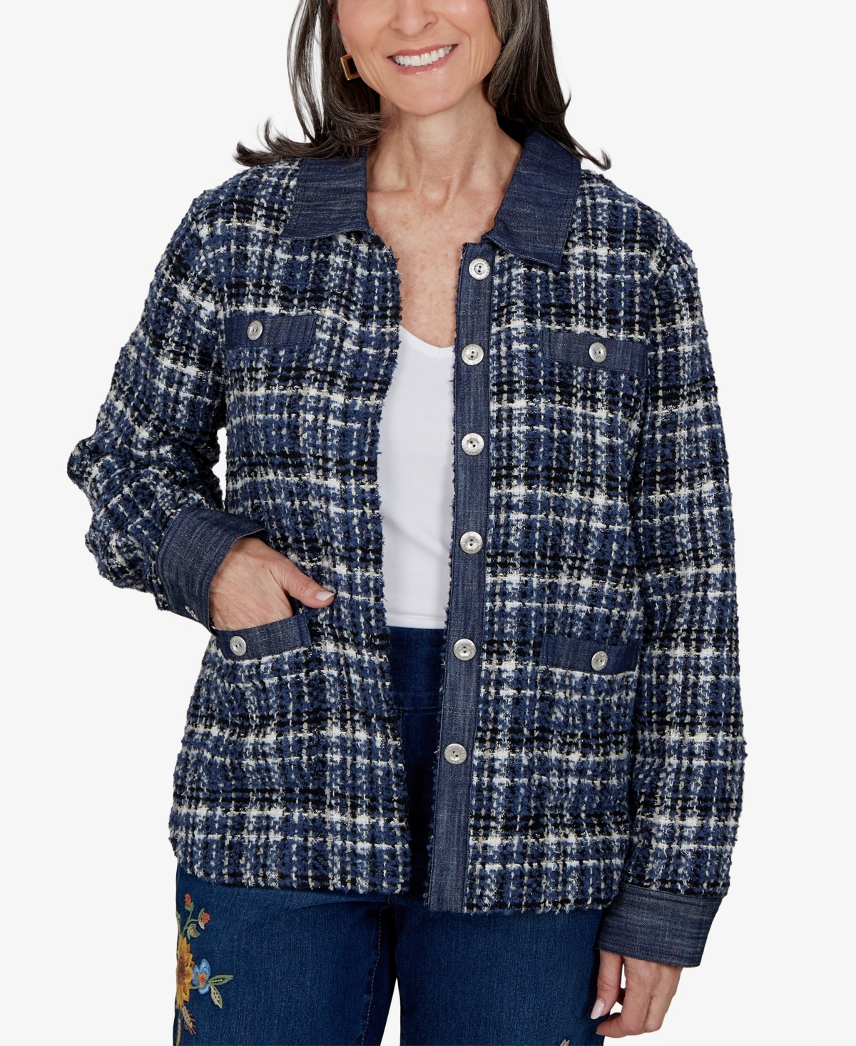 Click here for Alfred Dunner Petite Plaid Tweed Shirt Jacket - Na... prices