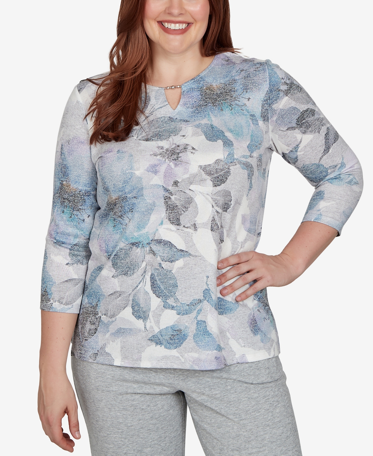 Click here for Alfred Dunner Petite Keyhole Neck 3/4-Sleeve Flora... prices