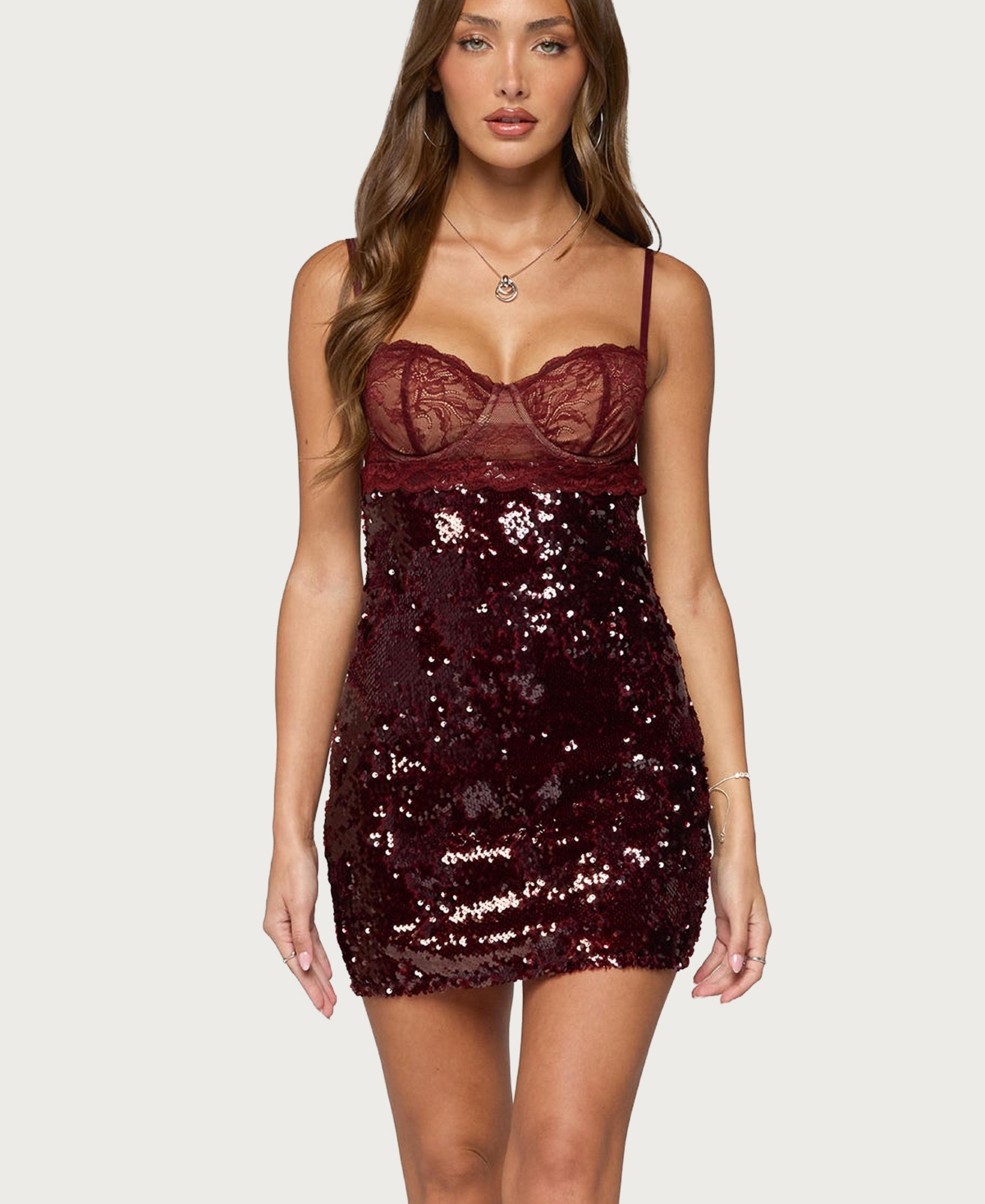 Click here for Edikted Womens Airi Sequin Lacey Cupped Mini Dress... prices
