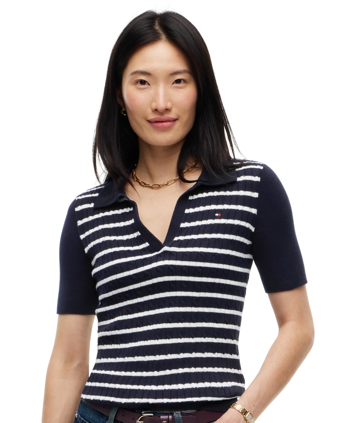 Click here for Tommy Hilfiger Womens Cable-Knit Slim Fit Polo Swe... prices