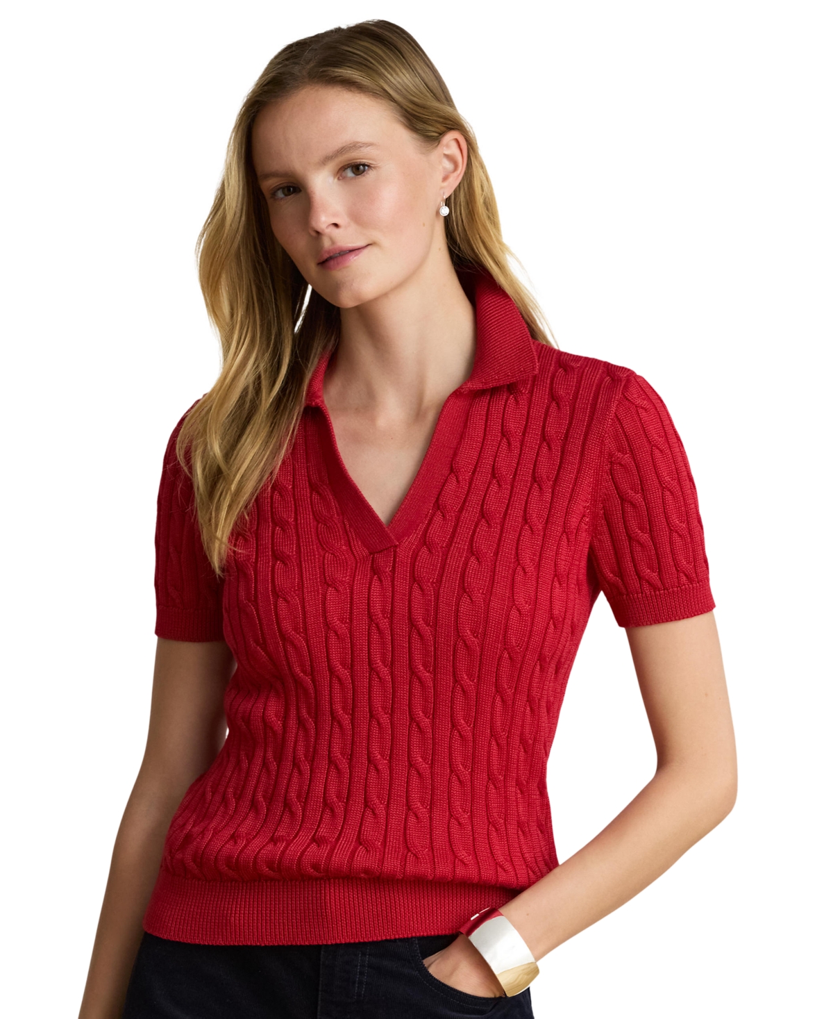 Click here for Lauren Ralph Lauren Womens Cable-Knit Collared Swe... prices