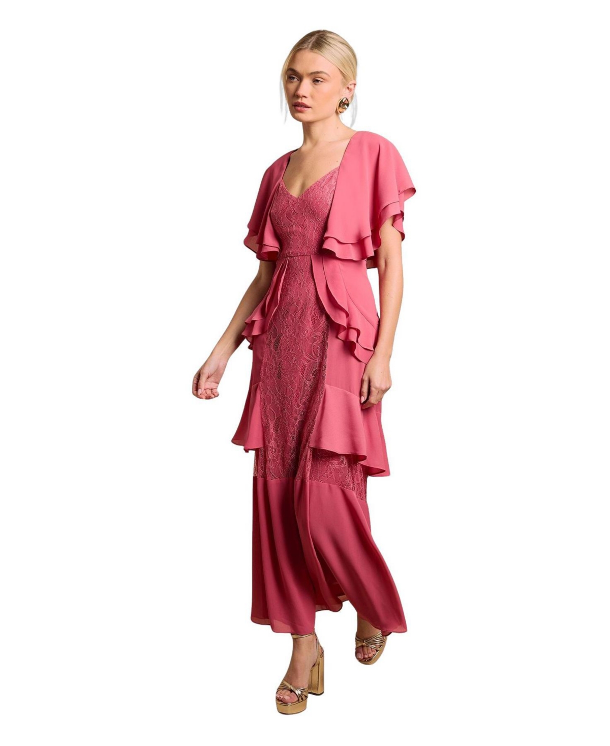 Click here for Oasis Womens Lace Ruffle V-Neck Dress - Desert ros... prices