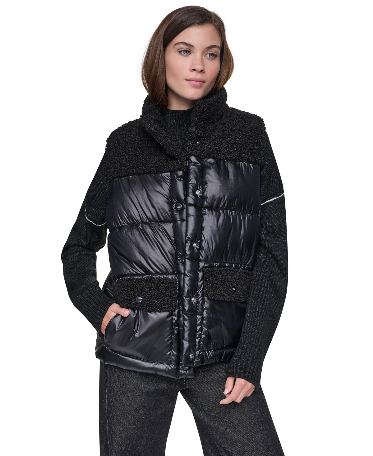 Click here for Dkny Jeans Womens Sherpa Mix Mock Neck Quilted Ves... prices