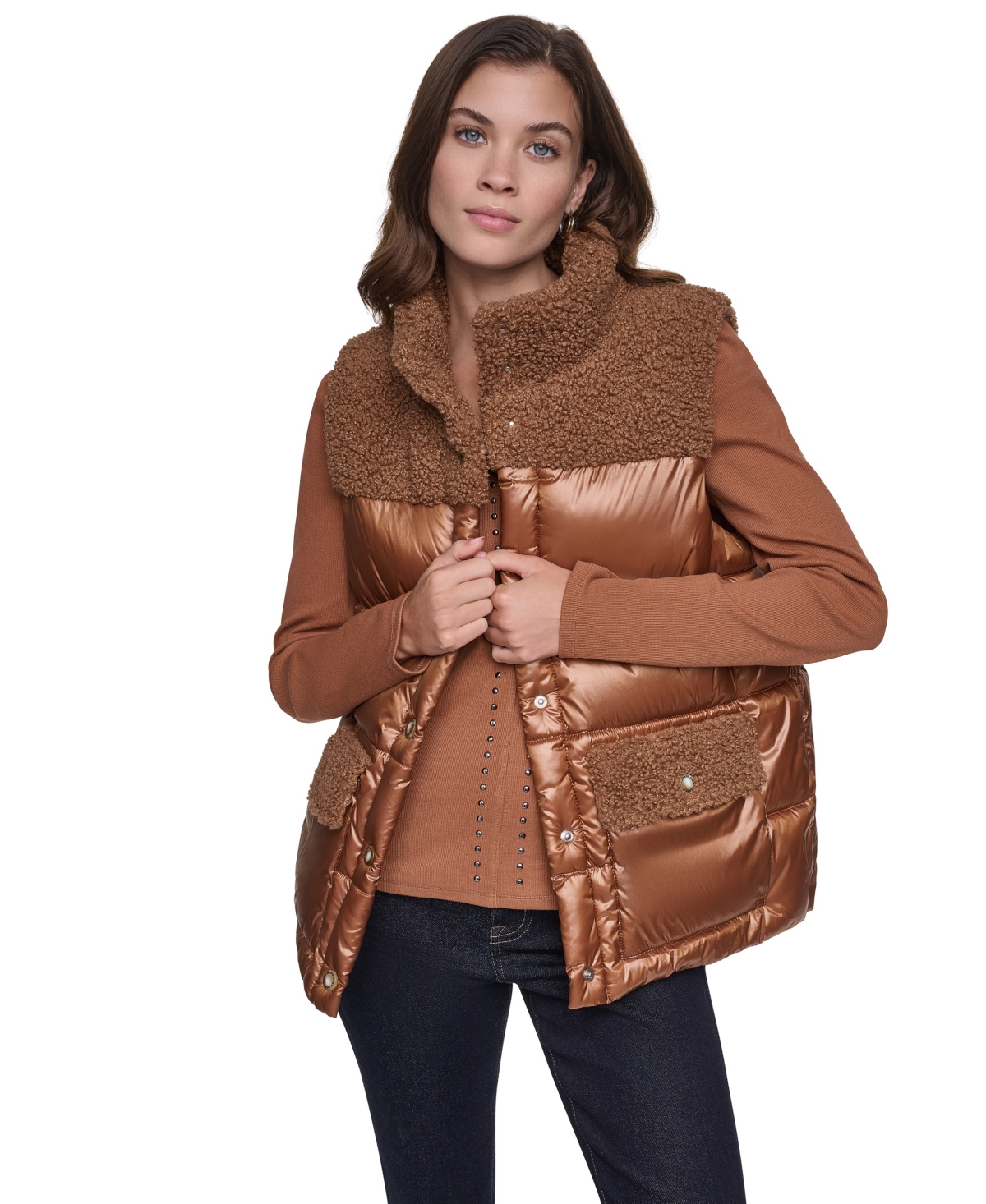 Click here for Dkny Jeans Womens Sherpa Mix Mock Neck Quilted Ves... prices
