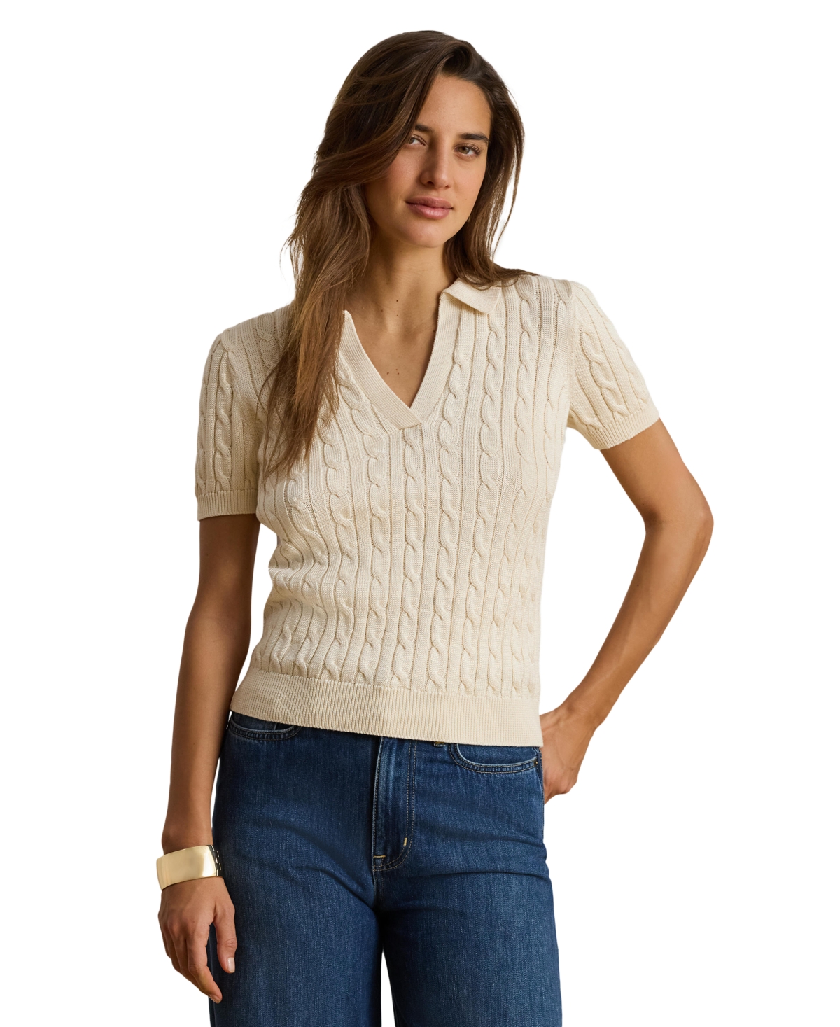 Click here for Lauren Ralph Lauren Womens Cable-Knit Collared Swe... prices