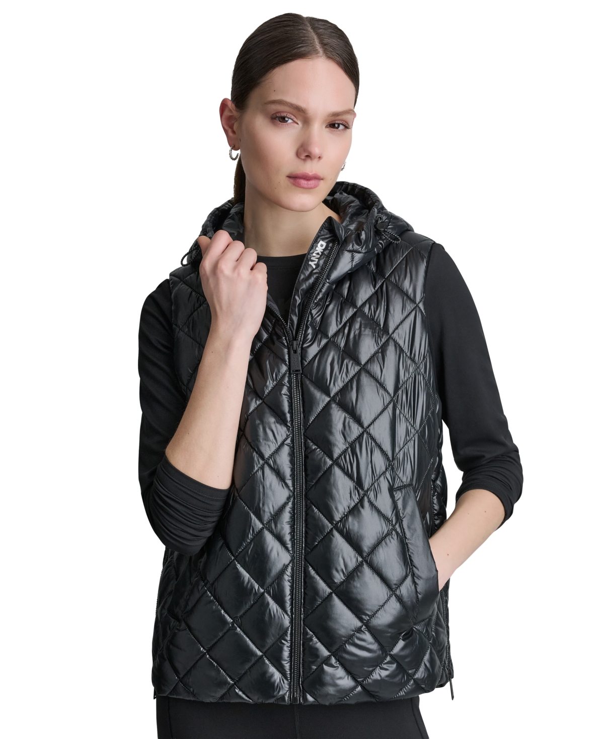 Click here for Dkny Sport Womens Hooded Diamond Quilt Vest - Meta... prices