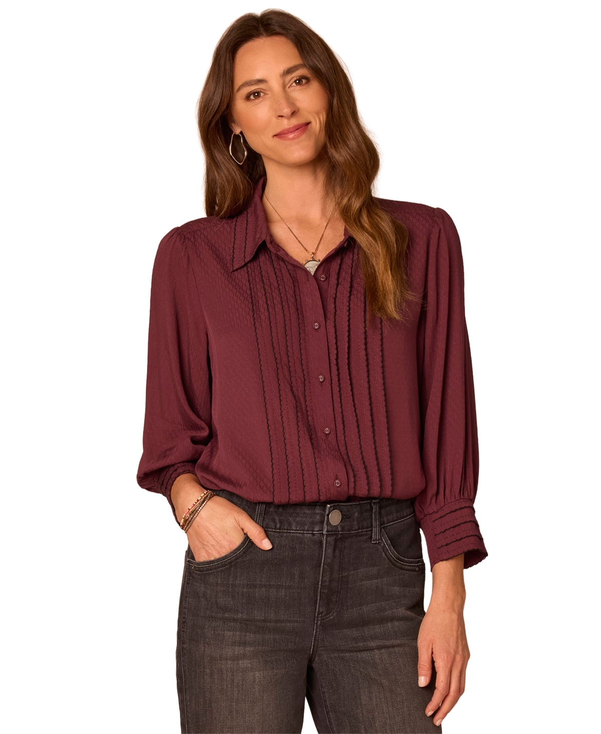 Click here for Democracy Womens 3/4-Sleeve Button Down Bubble Hem... prices