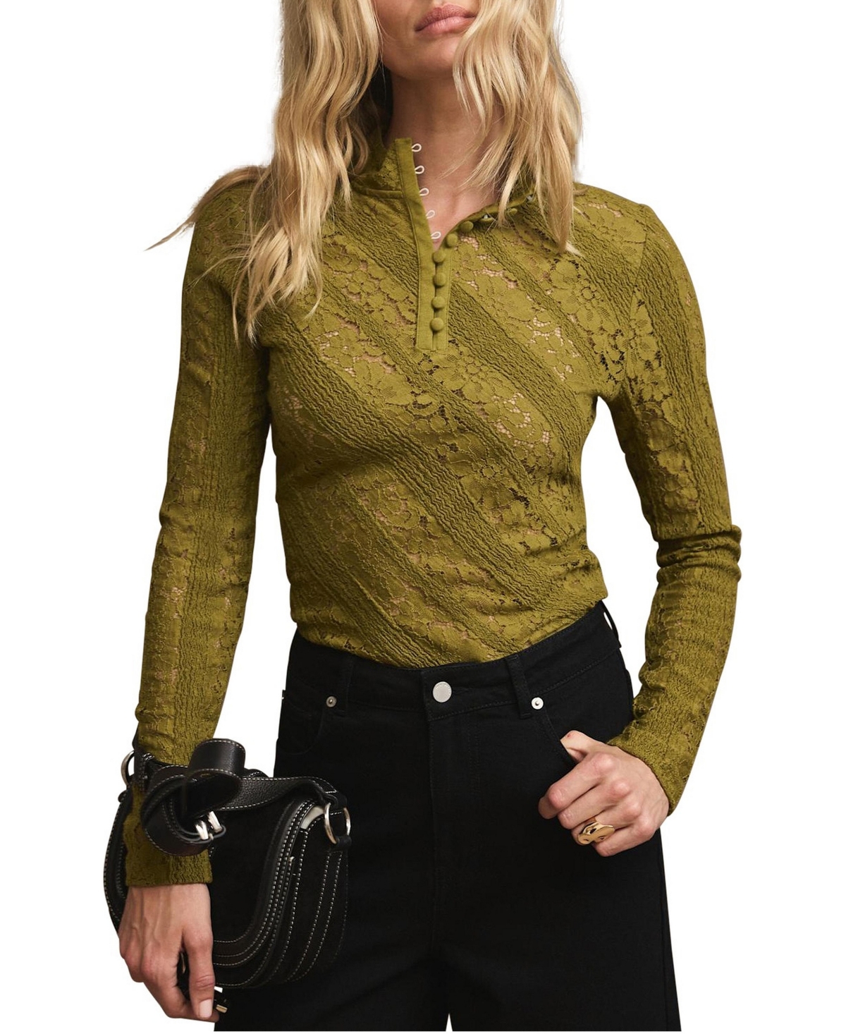 Click here for Mint Velvet Womens Lace Detail Top - Green prices