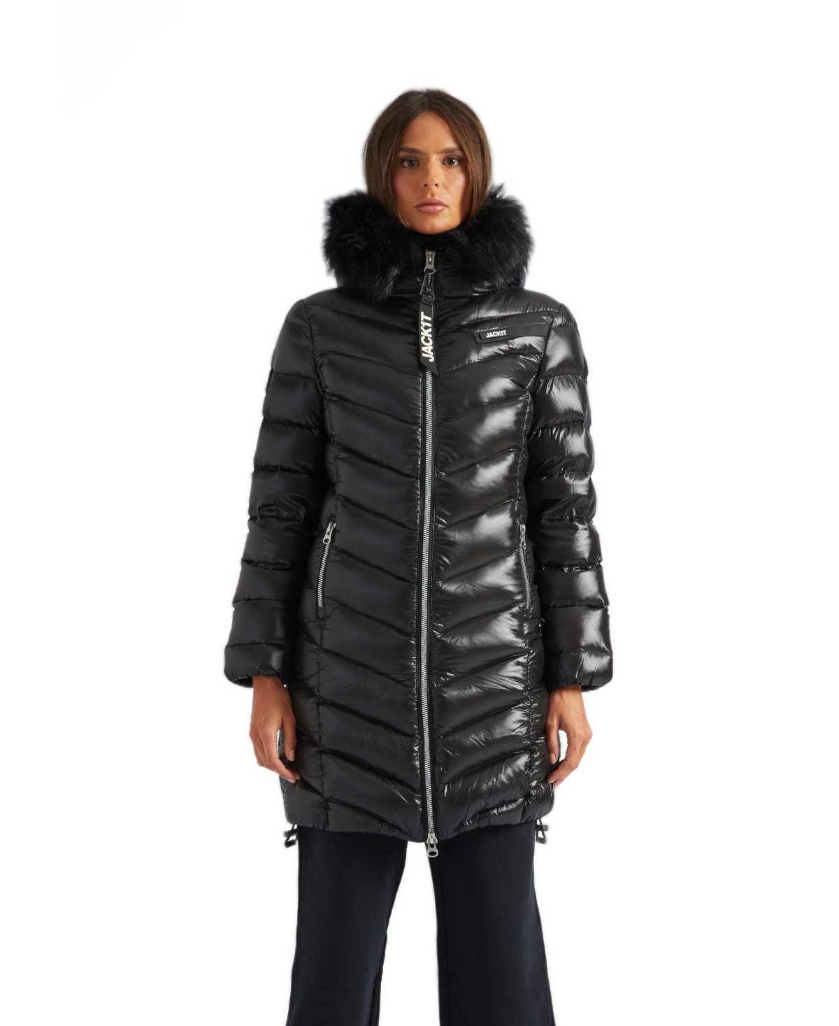 Click here for JACK1T Womens Longline Hooded Down Coat - Black sh... prices