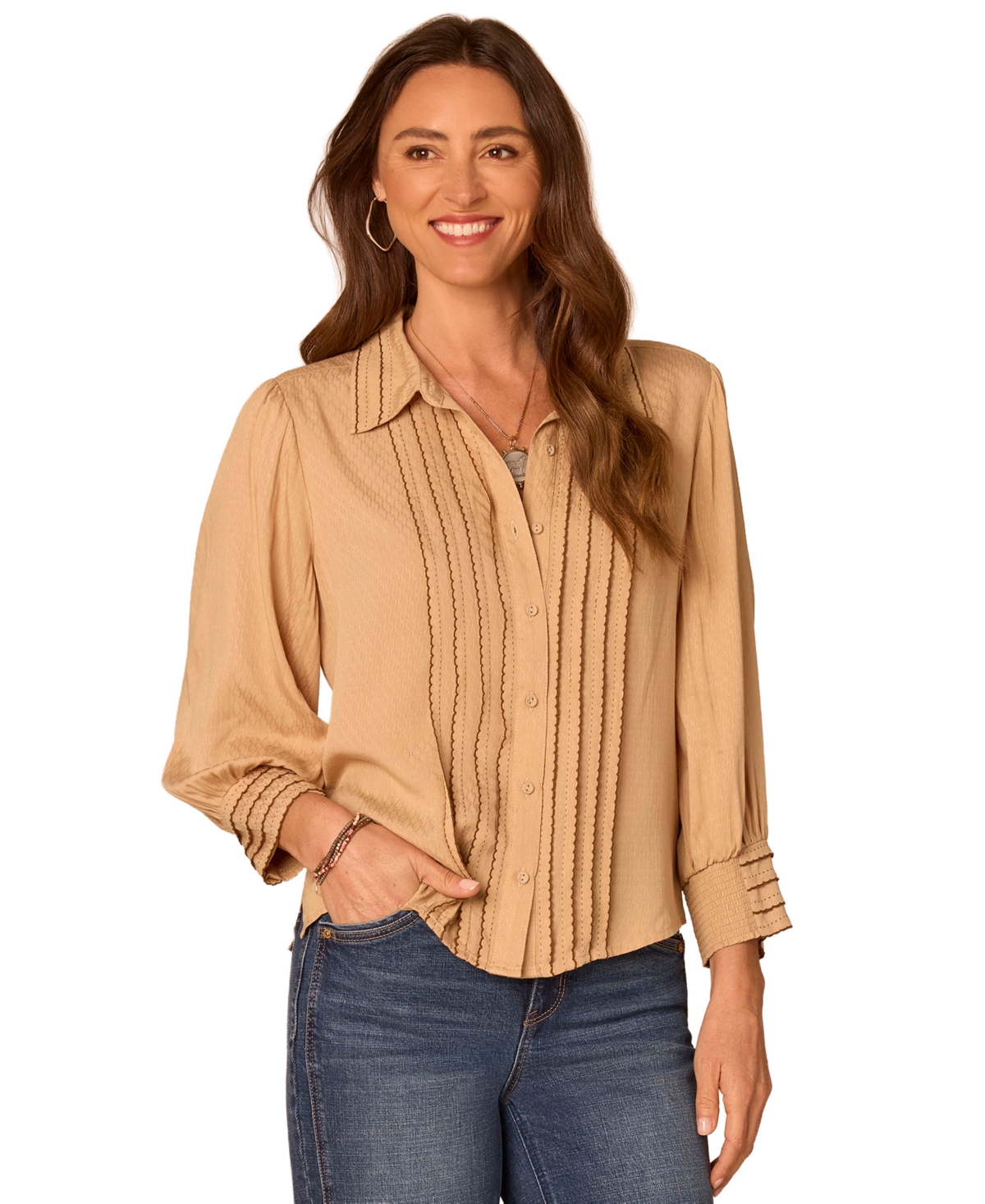 Click here for Democracy Womens 3/4-Sleeve Button Down Bubble Hem... prices