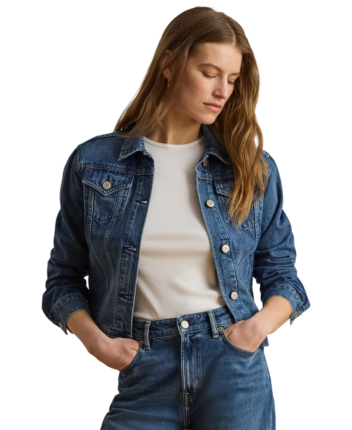 Lauren Ralph Lauren Womens Buttoned Placket Denim Trucker Jacket - Atlantic Blue Wash