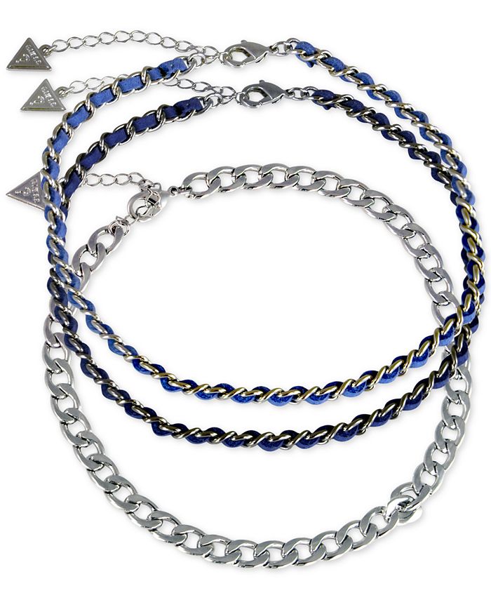 GUESS Silver-Tone 3-Pc. Set Imitation Leather Choker Necklaces - Macy's