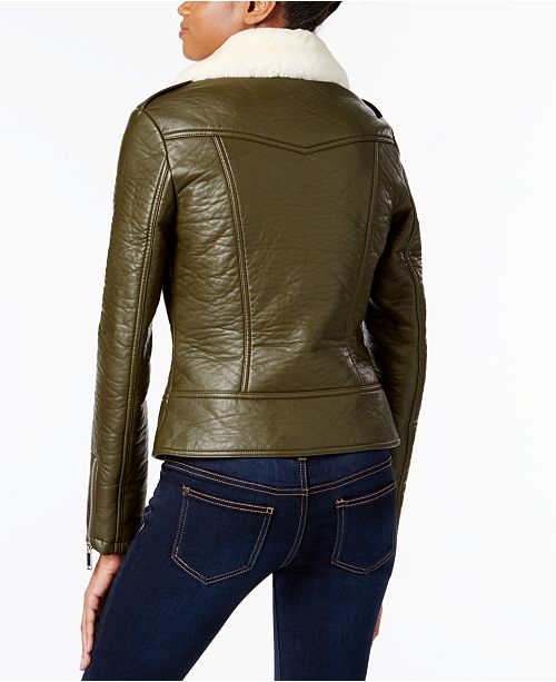 French Connection Faux-Fur-Trim Faux-Leather Moto Jacket - Coats ...