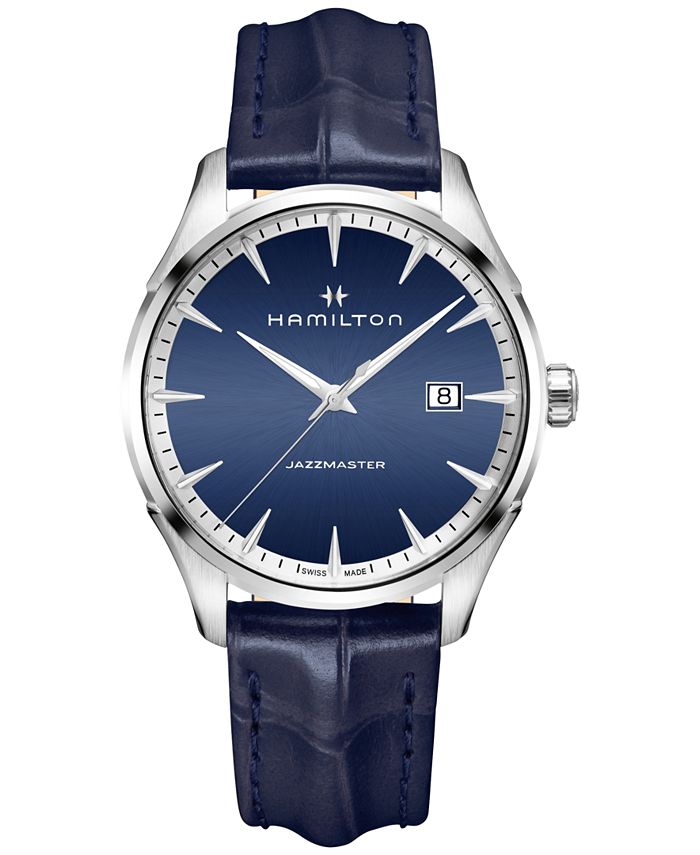 Hamilton Men's Swiss Jazzmaster Blue Leather Strap Watch 40mm - Macy's