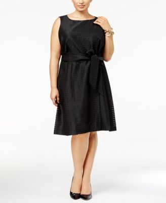 Anne Klein Plus Size Shadow-Striped Belted Fit & Flare Dress - Macy's