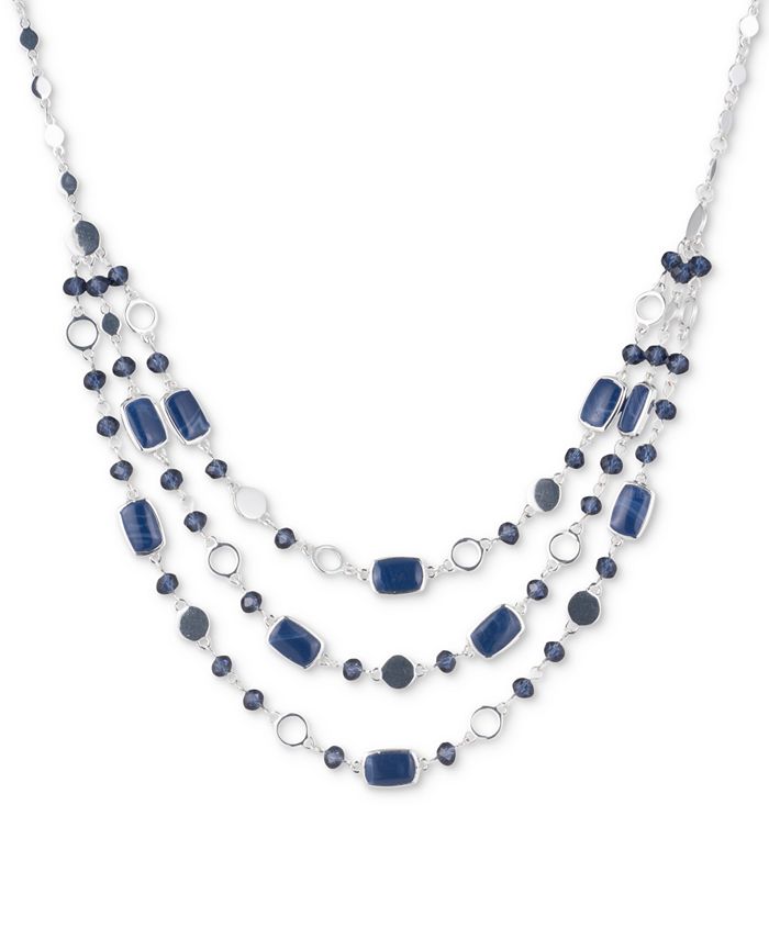 Nine West Silver-Tone Blue Stone & Bead Multi-Row Necklace - Macy's