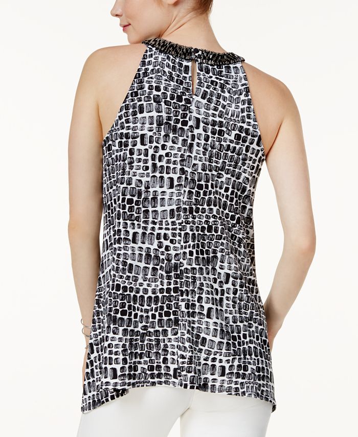 Alfani Petite Printed Embellished-Neck Top, Created for Macy's - Macy's