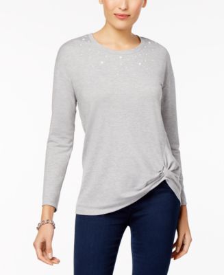 NY Collection Embellished French Terry Top - Macy's