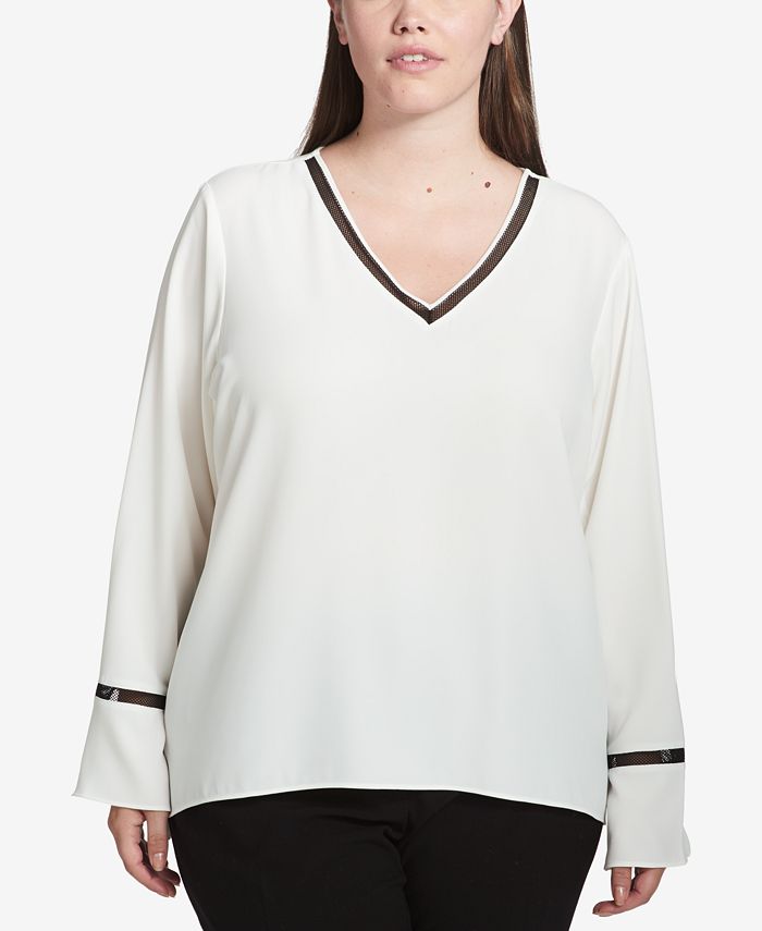 Calvin Klein Plus Size Mesh-Inset V-Neck Top - Macy's
