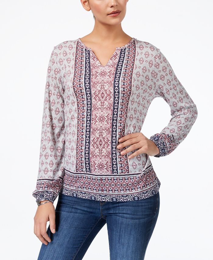 Style & Co Petite Mixed-Print Elastic-Cuff Top, Created for Macy's - Macy's