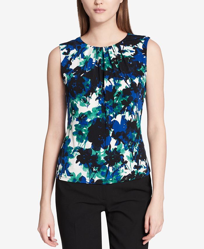 Calvin Klein Printed Pleat-Neck Shell - Macy's