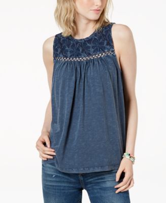 Lucky Brand Cotton Embroidered-Yoke Top - Macy's