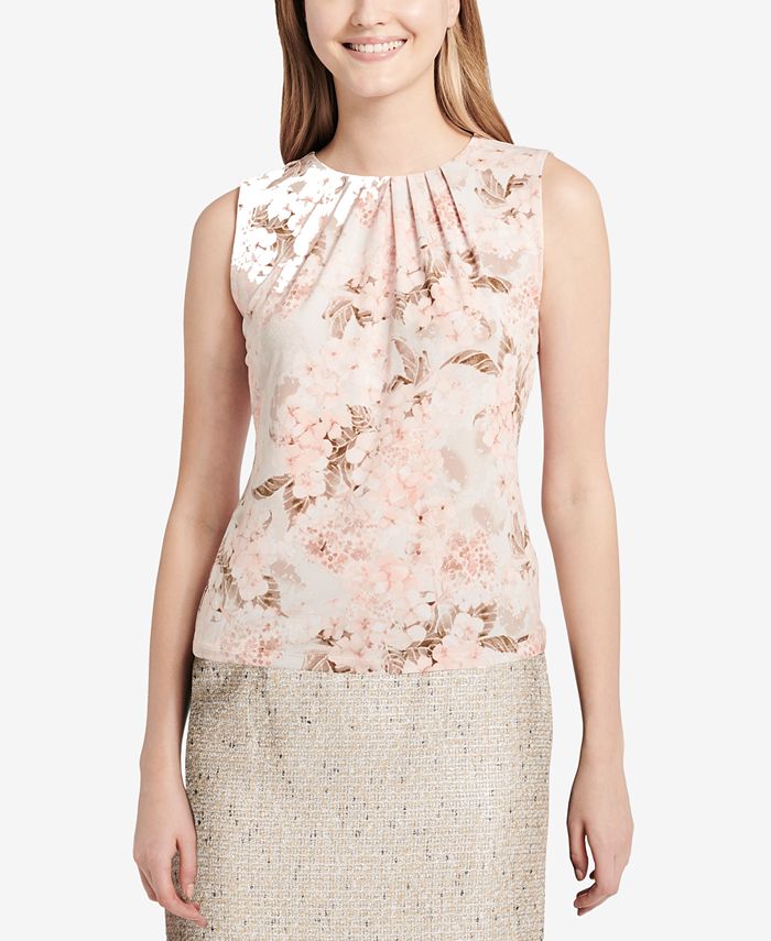 Calvin Klein Printed Pleat-Neck Shell - Macy's