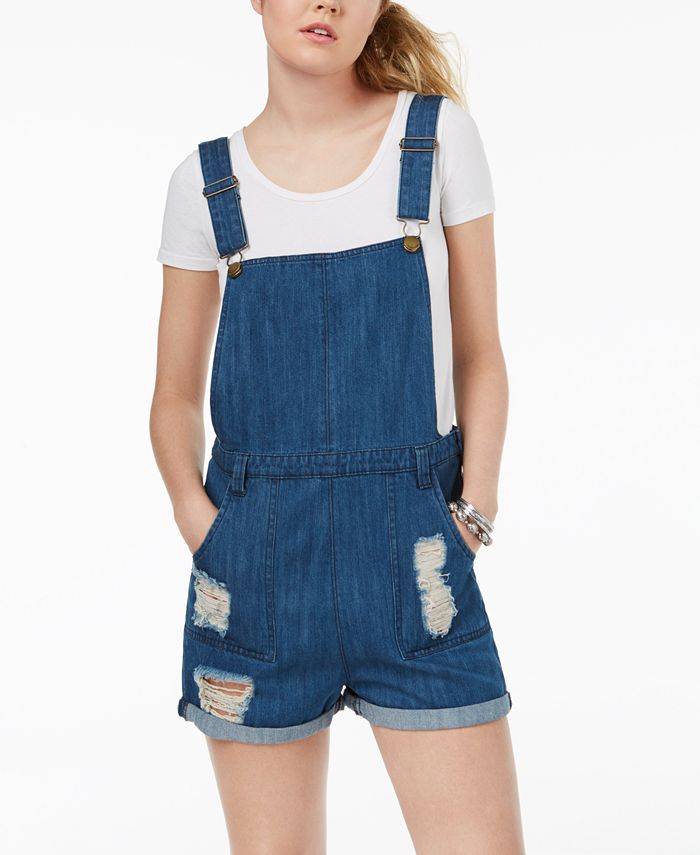 Tinseltown Juniors' Ripped Cotton Denim Shortalls - Macy's