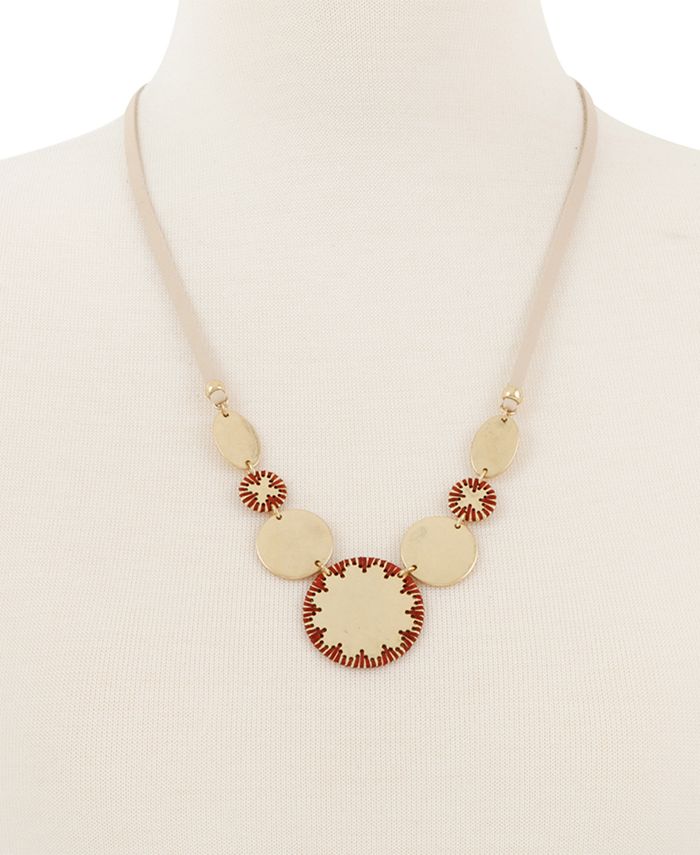 Lucky Brand Gold-Tone Threaded Disc Leather 28" Statement Necklace - Macy's