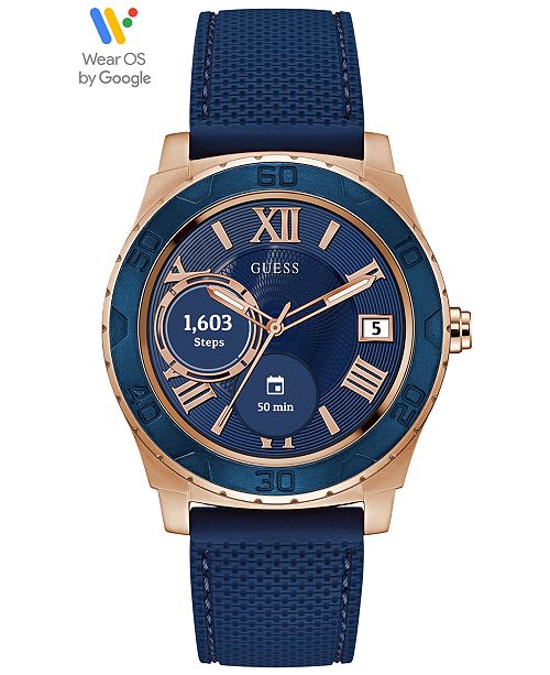 GUESS Connect Men's Blue Silicone Strap Touchscreen Smart Watch 44mm ...