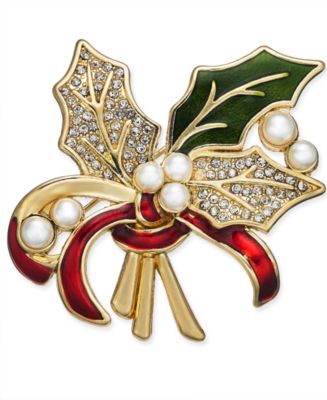 Holiday Lane Gold-Tone Imitation Pearl, Crystal & Epoxy Holly Pin ...