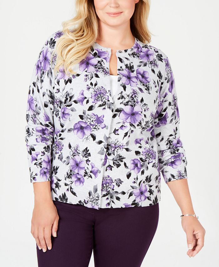 Karen Scott Plus Size Floral-Print Cardigan Sweater, Created for Macy's ...