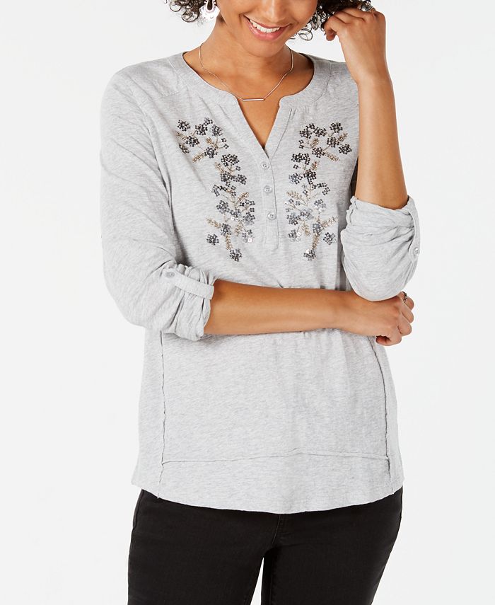 Style & Co Cotton Flower-Embellished Top, Created for Macy's - Macy's