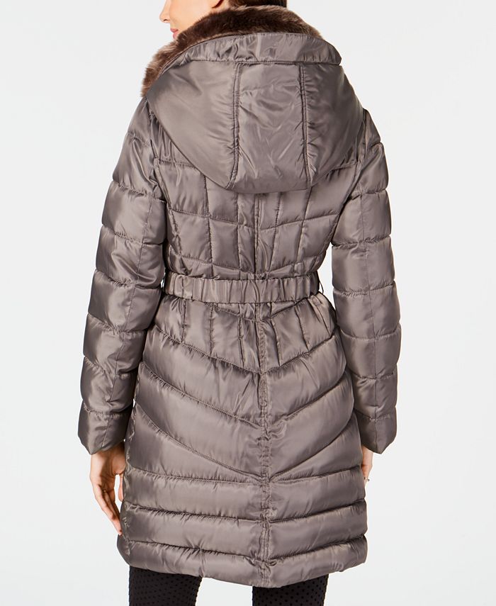 Vince Camuto Faux-Fur-Trim Hooded Belted Puffer Coat - Macy's