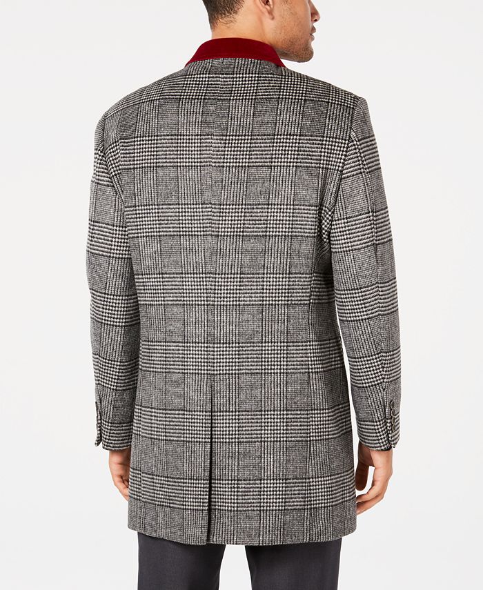 Tallia Men's Slim-Fit Black/White Plaid Overcoat with Velvet Trim - Macy's