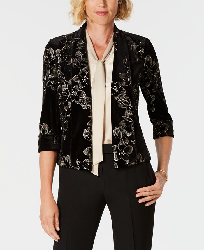 Kasper Floral-Print Velvet Flyaway Jacket - Macy's