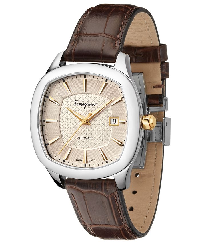Ferragamo Men's Swiss Automatic Time Brown Leather Strap Watch 41x41mm ...