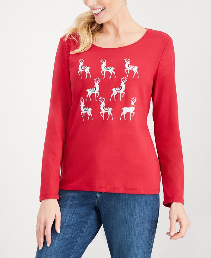 Karen Scott Cotton Holiday-Reindeer Top, Created for Macy's - Macy's