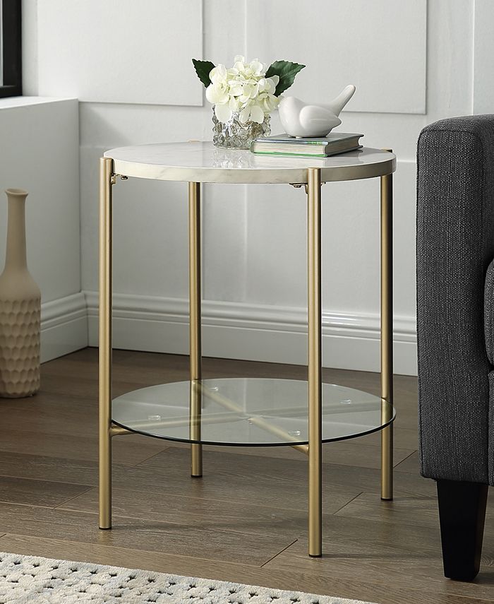 Walker Edison 20 inch Round Side Table in White Faux Marble and Gold ...