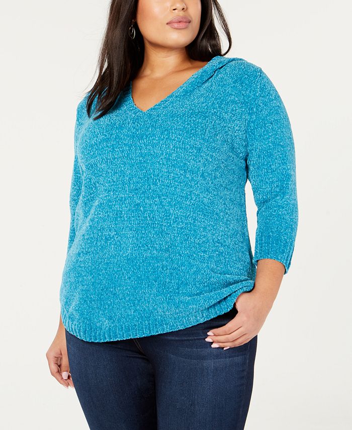NY Collection Plus Size Chenille Hooded Sweater - Macy's