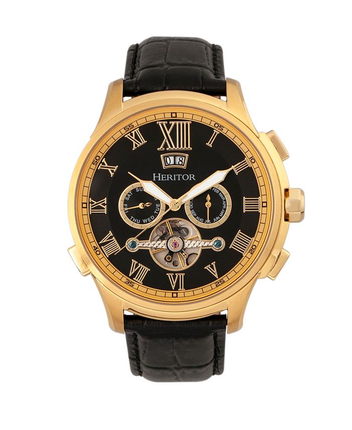 Heritor Automatic Hudson Gold & Black Leather Watches 47mm - Macy's