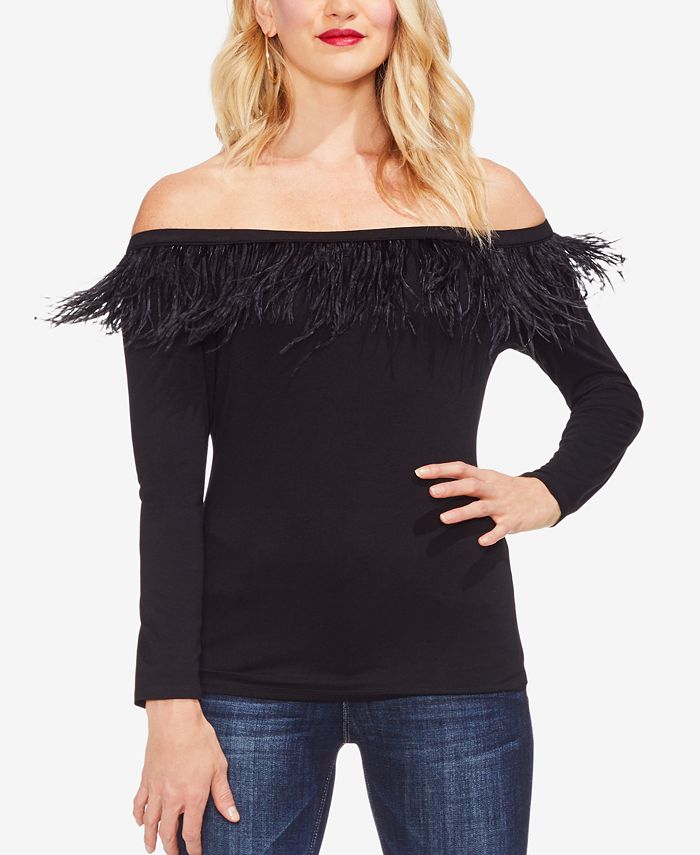 Vince Camuto Off-The-Shoulder Feather-Trim Top & Reviews - Tops - Women ...