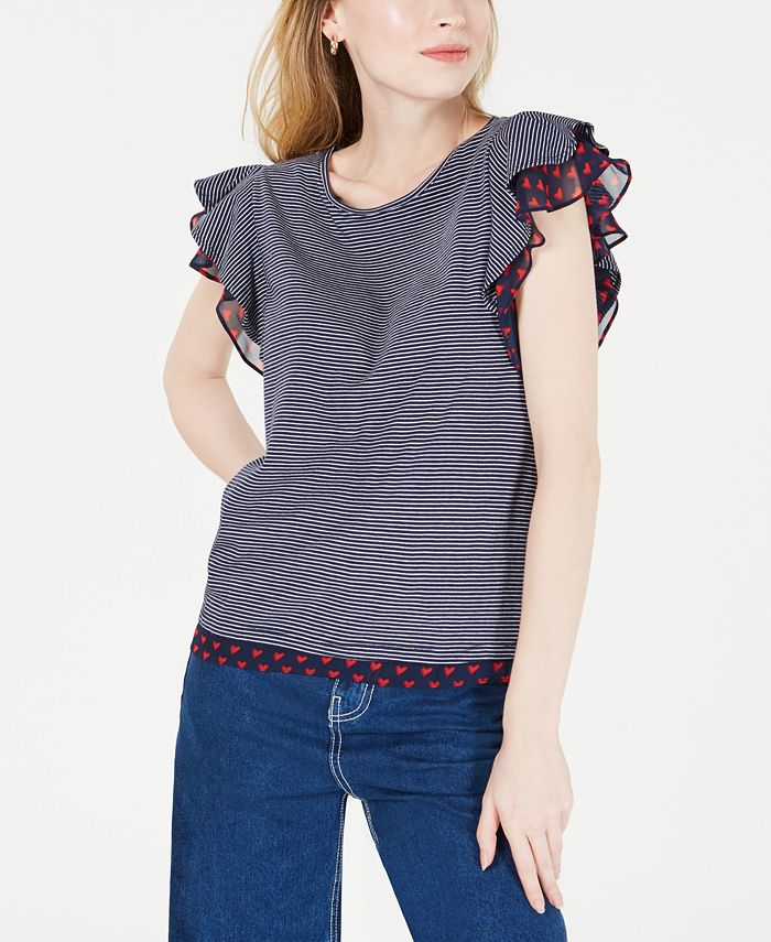 Maison Jules Hearts & Stripes Flutter-Sleeve Top, Created for Macy's - Macy's