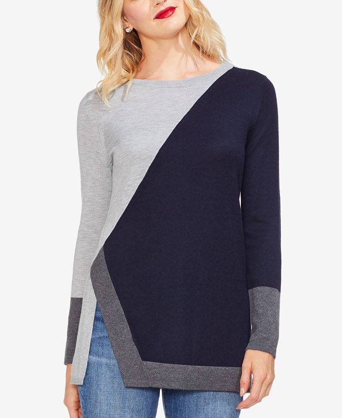 Vince Camuto Colorblocked Asymmetrical-Vented-Hem Sweater - Macy's