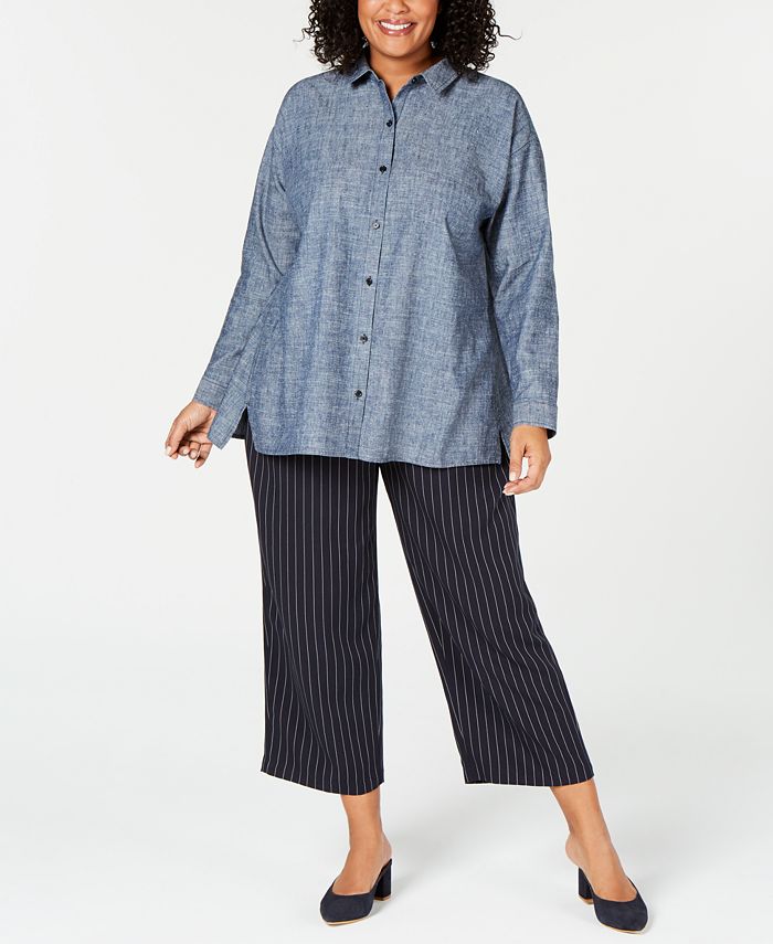 Eileen Fisher Plus Size Chambray Notched-Hem Blouse - Macy's