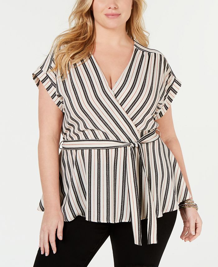 Monteau Trendy Plus Size Striped Faux-Wrap Top - Macy's