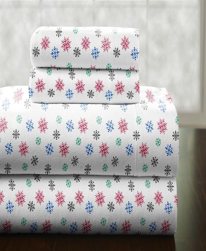 Pointehaven Bright Snowflake Heavy Weight Cotton Flannel Sheet Set ...