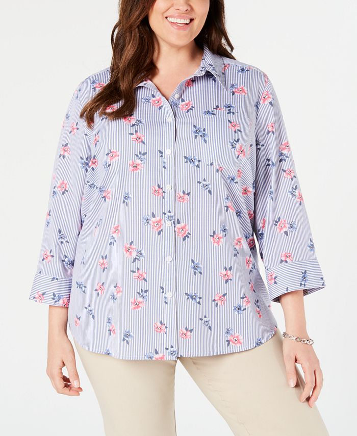 Karen Scott Plus Size Francesca Cotton Floral-Print Blouse, Created for ...