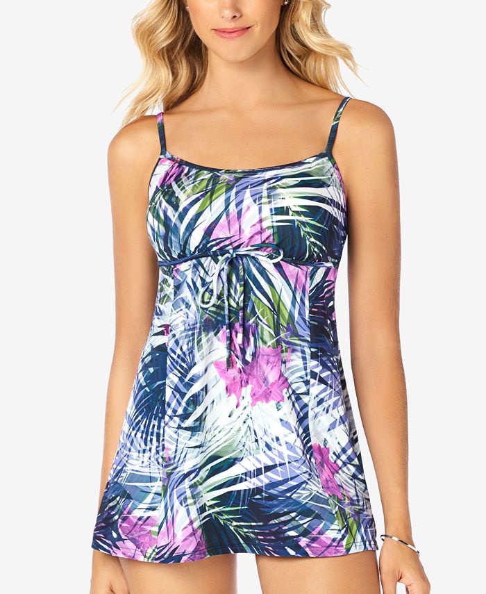 Swim Solutions Empire Waist Tummy Control Printed Swimdress Macys