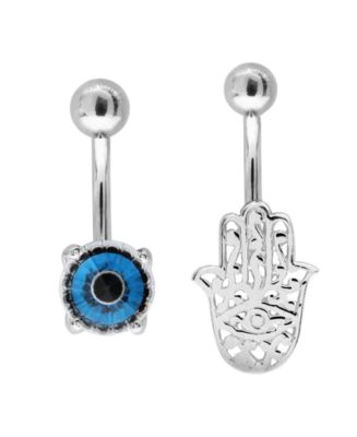 Bodifine Stainless Steel and Brass Set of 2 Hamsa and Eye Belly Bars ...